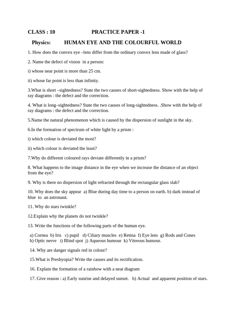 Human Eye And The Colourful World Assignment Pdf
