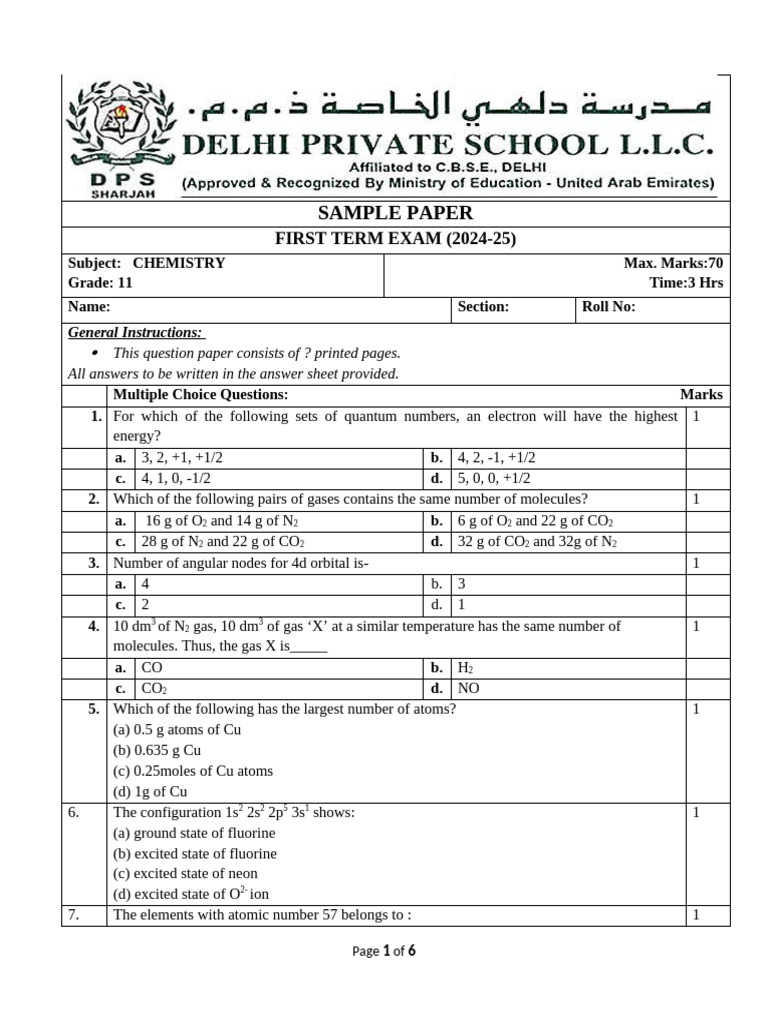 SAMPLE PAPER_GR11_CHEM_FT_2024-25 | PDF | Gases | Atomic Orbital