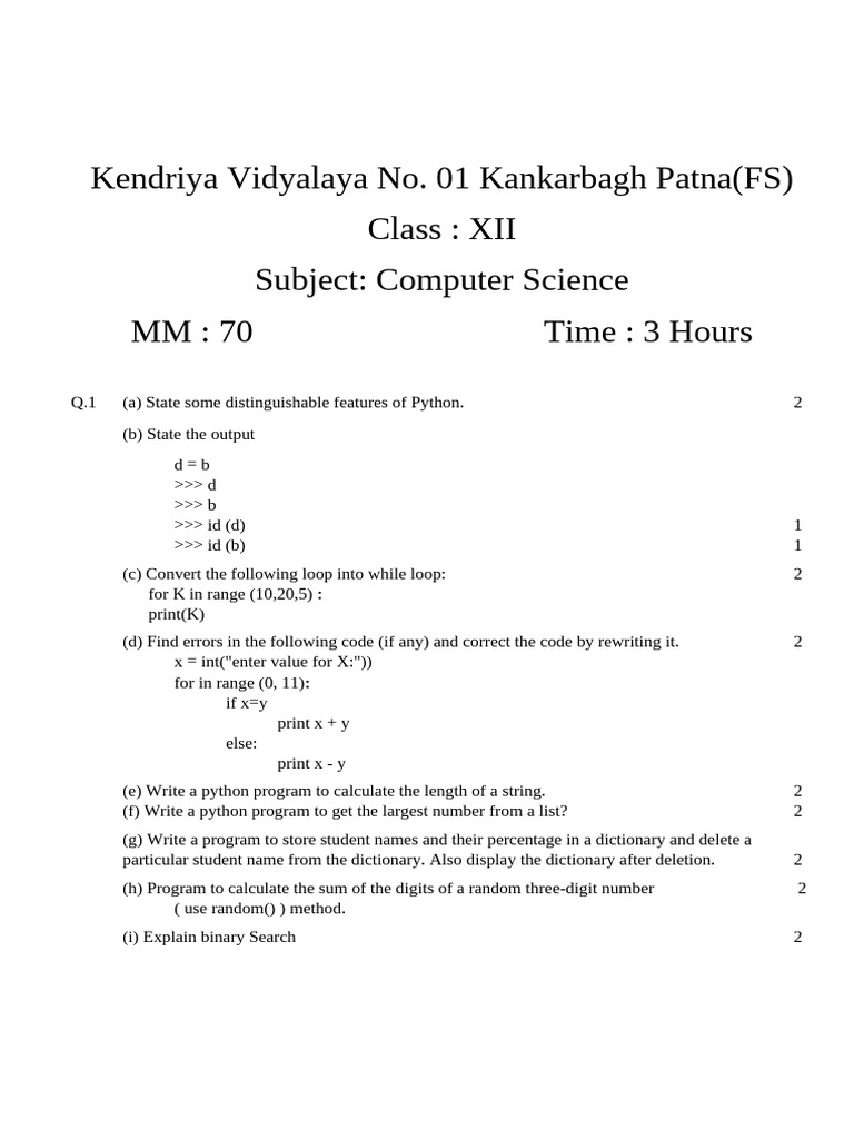 Computer Science Class XII Exam Questions | PDF | Parameter (Computer ...