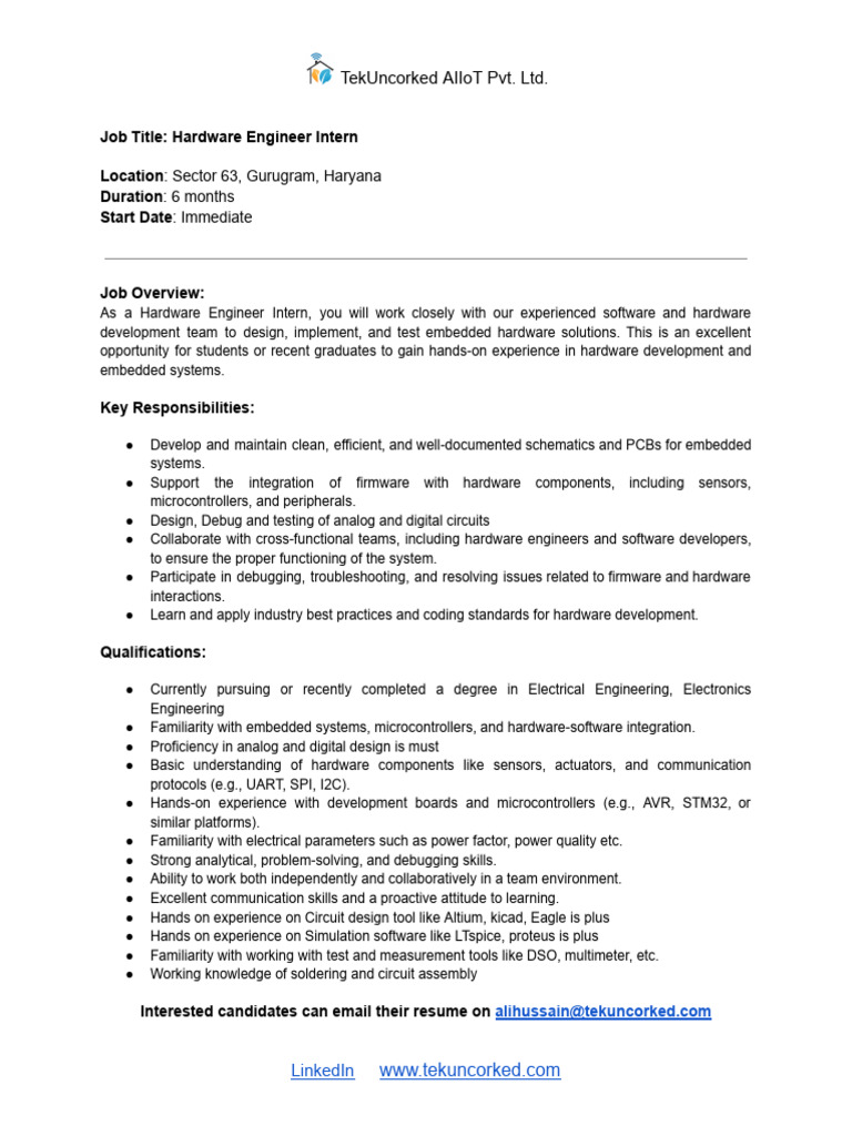 JD Hardware Engineer Intern | PDF | Embedded System | Microcontroller