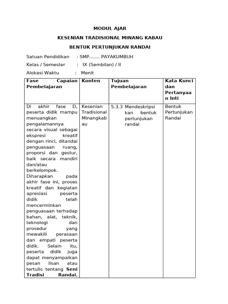 Modul Ajar Bentuk Pertunjukan Randai | PDF