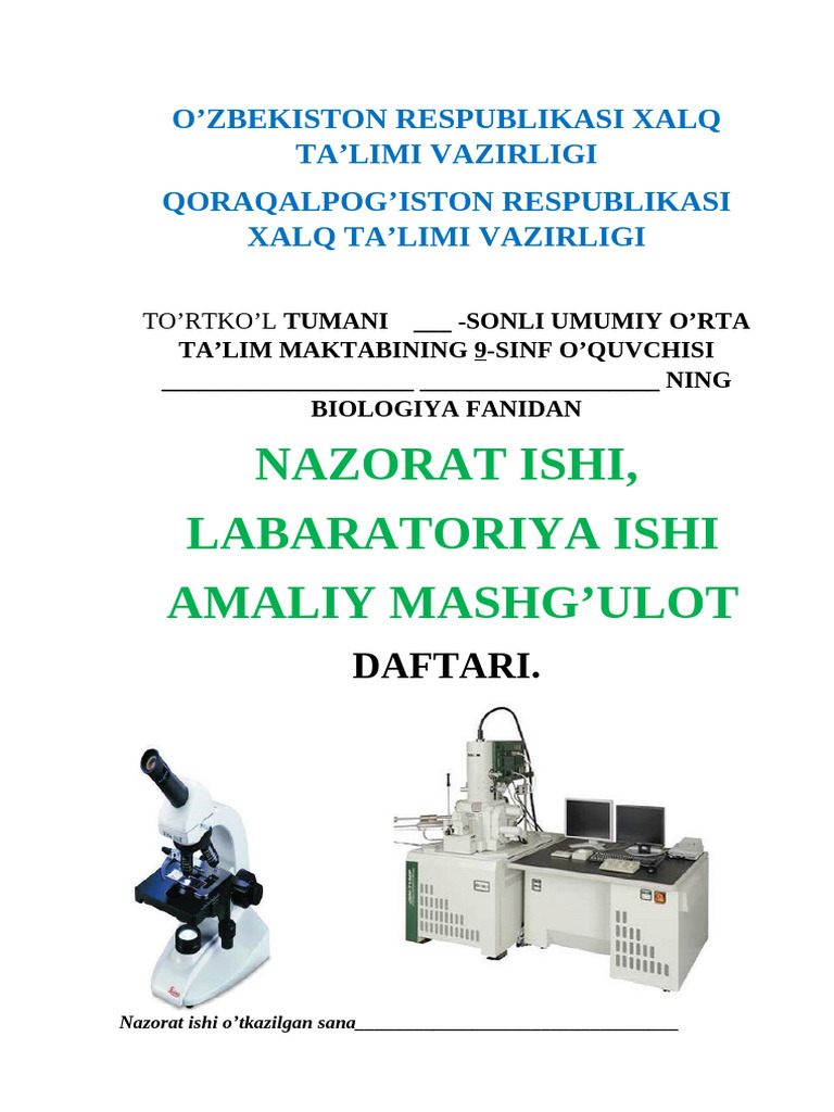 9-Sinf - Labaratoriya, Amaliy, NAZORAT ISHI Daftari. | PDF