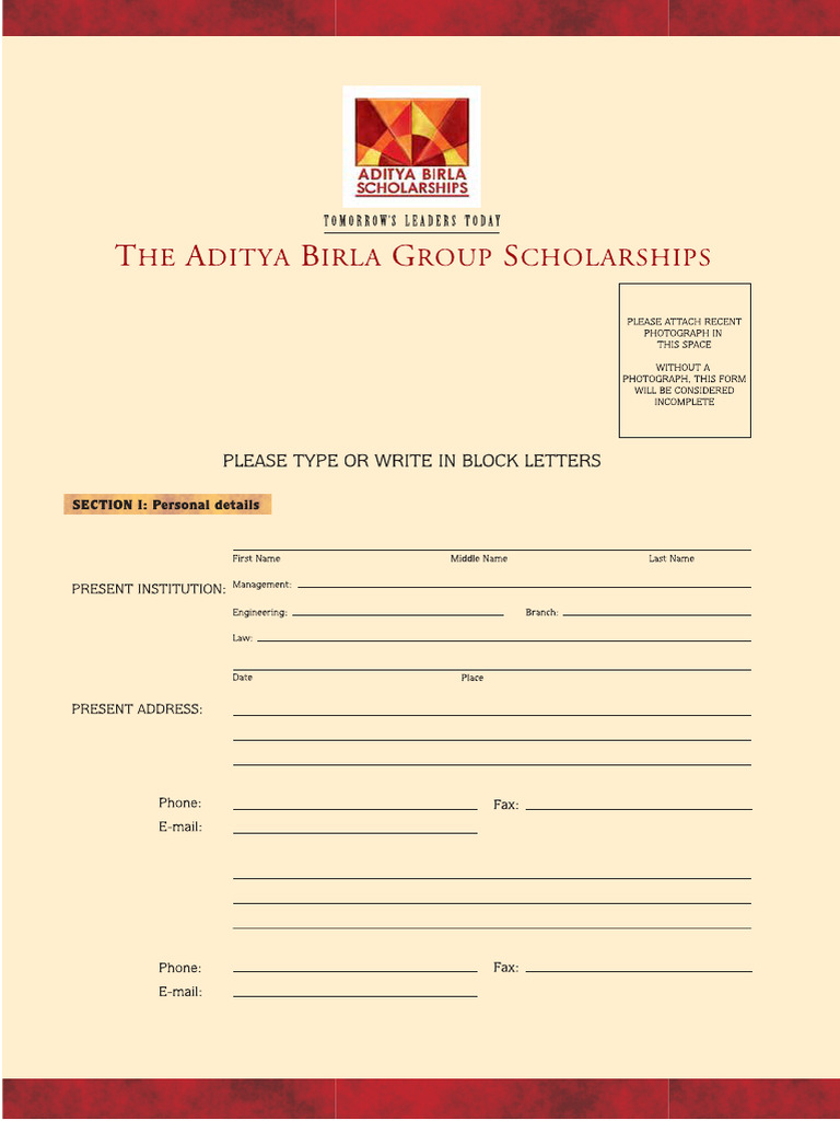 Aditya Birla Scholarship form | PDF