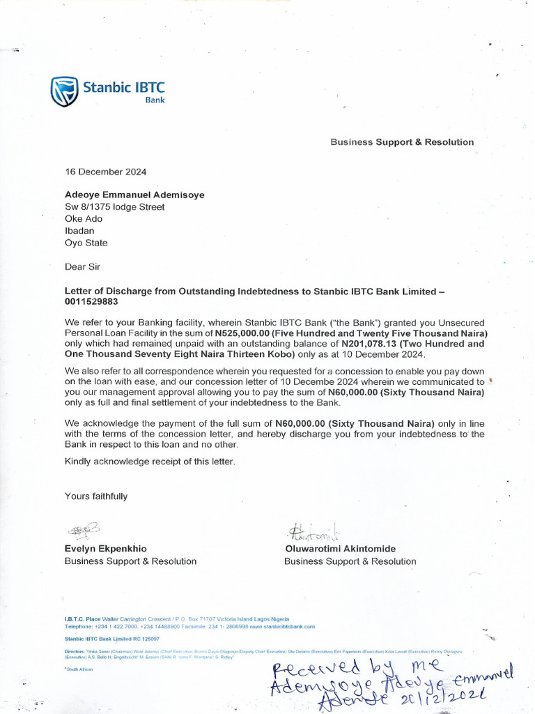 Stanbic Bank Letter of Discharge | PDF