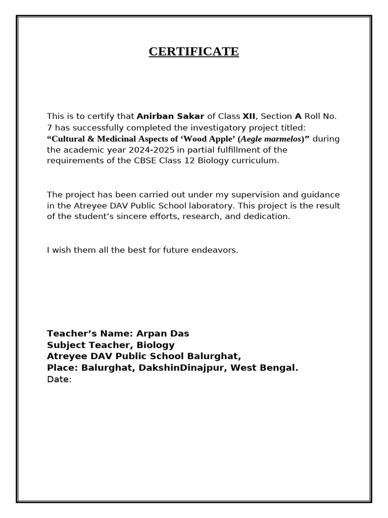 Certificate of Investigatory Project | PDF