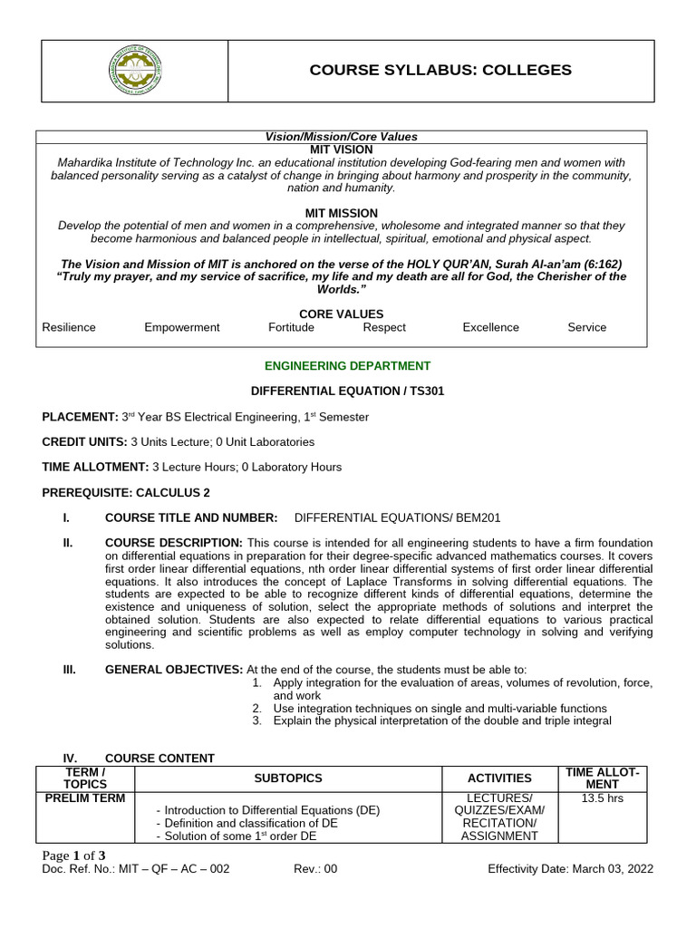 CourseSyllabus DiffEquation BSEE FJ | PDF | Integral | Differential Equations