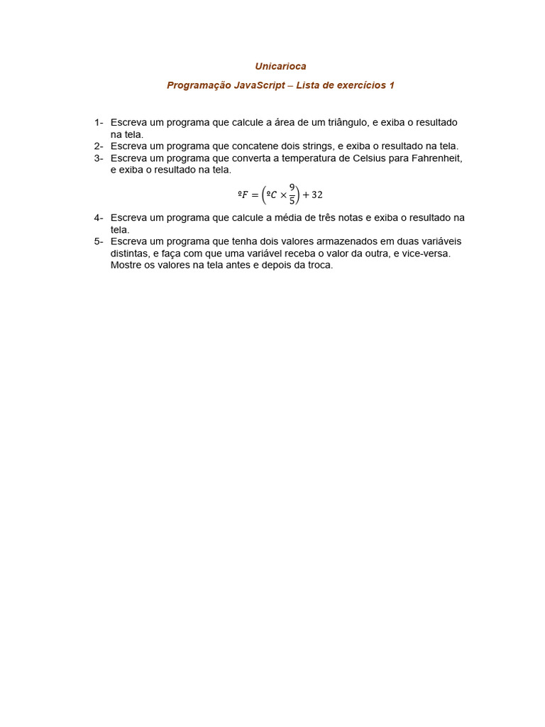 Exercícios de Programação em JavaScript | PDF