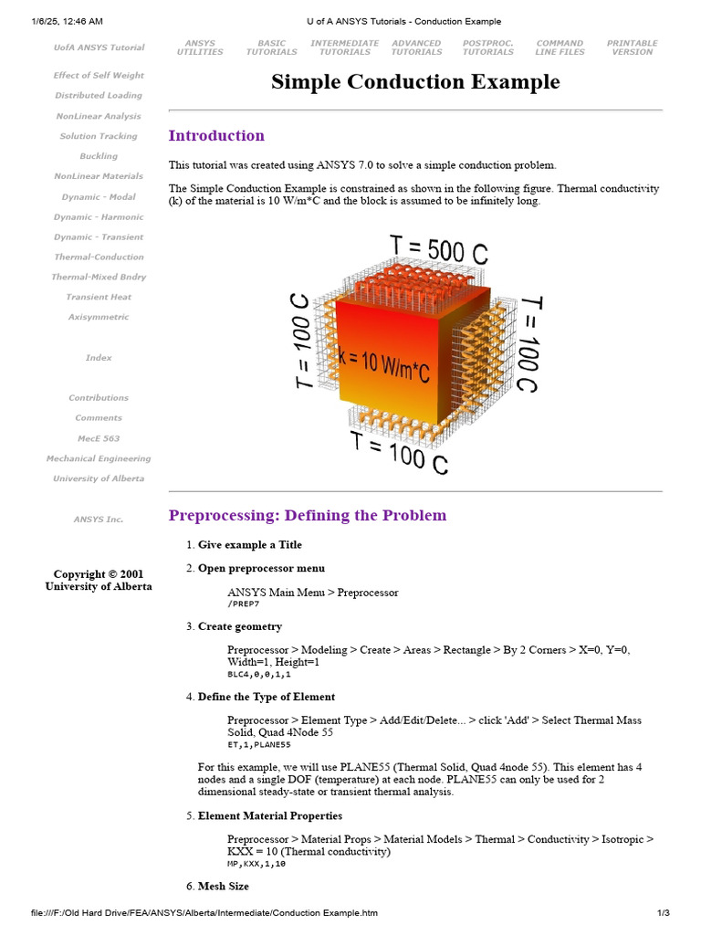 U of A ANSYS Tutorials - Conduction Example | PDF | Thermal Conduction | Finite Element Method
