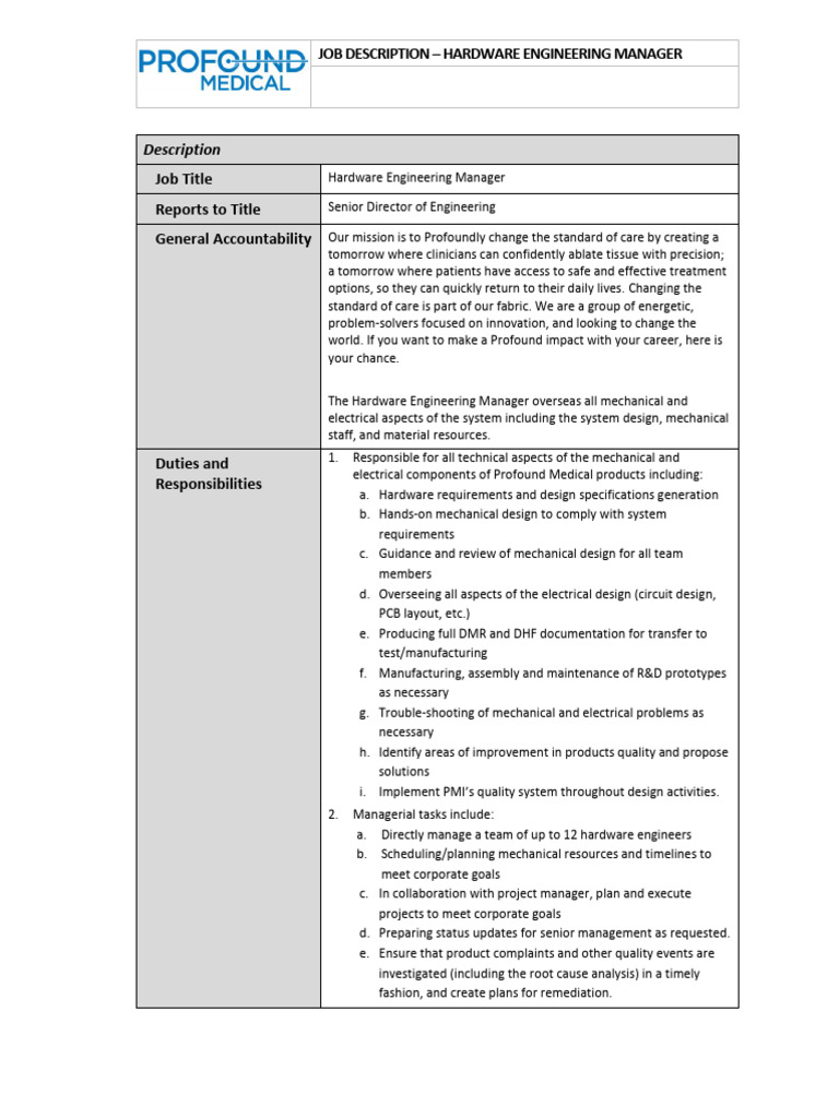 Hardware Engineering Manager Job Description | PDF | Engineering ...