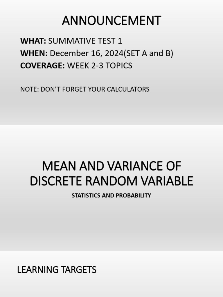 W3 D2 Mean and Variance of A Discrete Random Variable | PDF | Variance | Mean