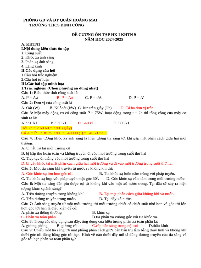 KHTN 9 - Đap an De cuong HKI mon KHTN 1 | PDF