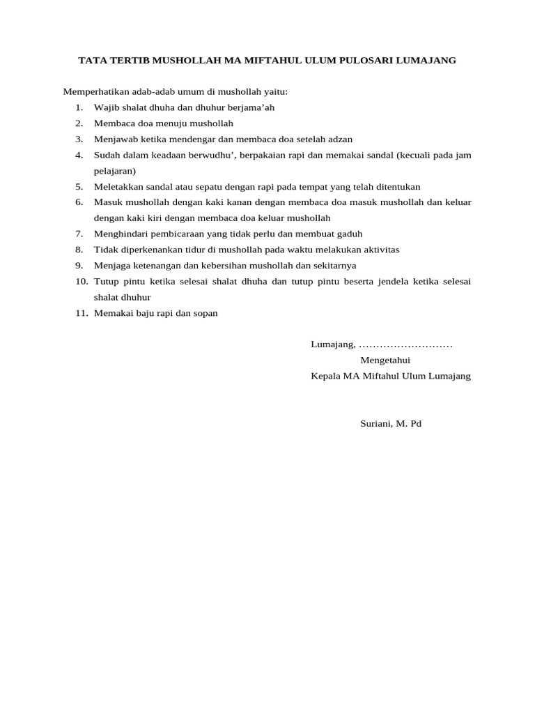Tata Tertib Mushollah Ma Miftahul Ulum Pulosari Lumajang | PDF