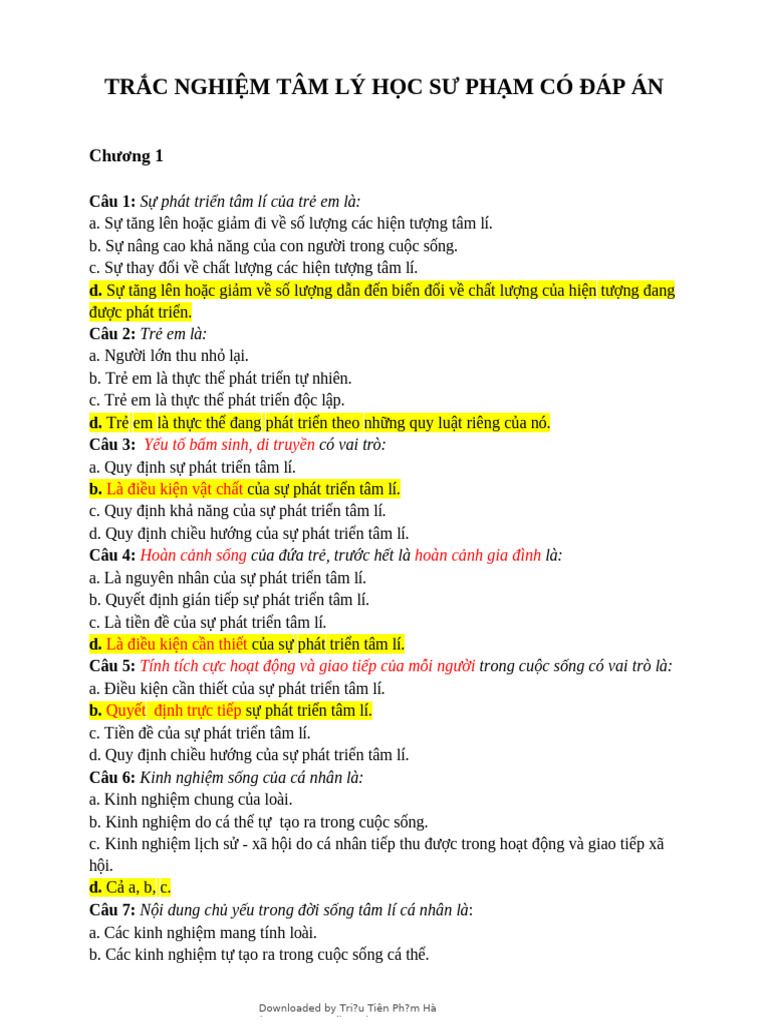 Trac Nghiem Tam Ly Hoc Su Pham Co Dap An Vieclamvui | PDF