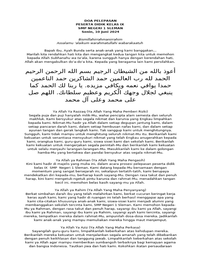 Doa Pelepasan Kelas 9 | PDF