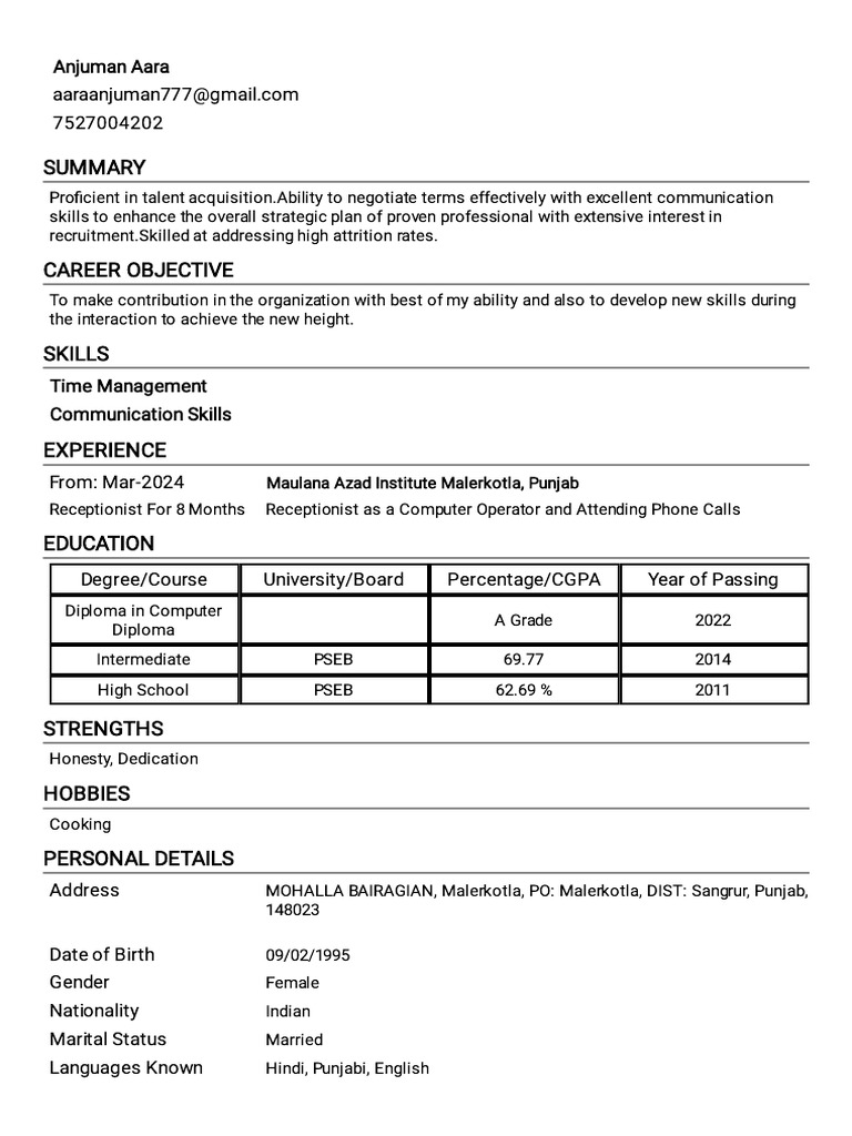 Resume of Anjuman Aara - Recruitment Expert | PDF