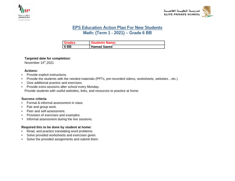 Action Plan - G6BB New Students | PDF