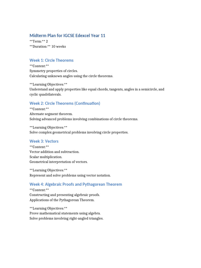 IGCSE Year 11 Midterm Plan | PDF