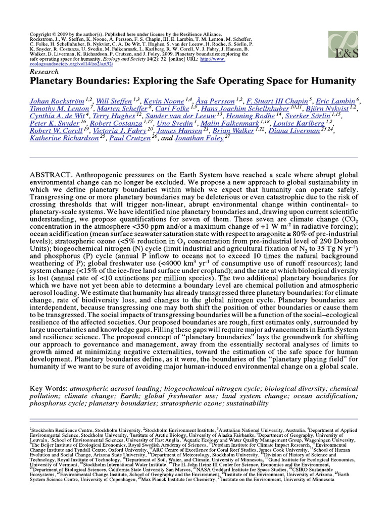 Reading 1.1 - Planetary boundaries Exploring the safe operating space ...