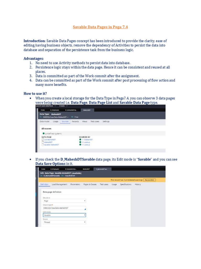 Savable Data Pages in Pega 7.4 | PDF