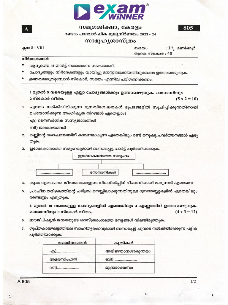 STD 8 Second Term Exm 2023 Social Science MM QN Paper | PDF