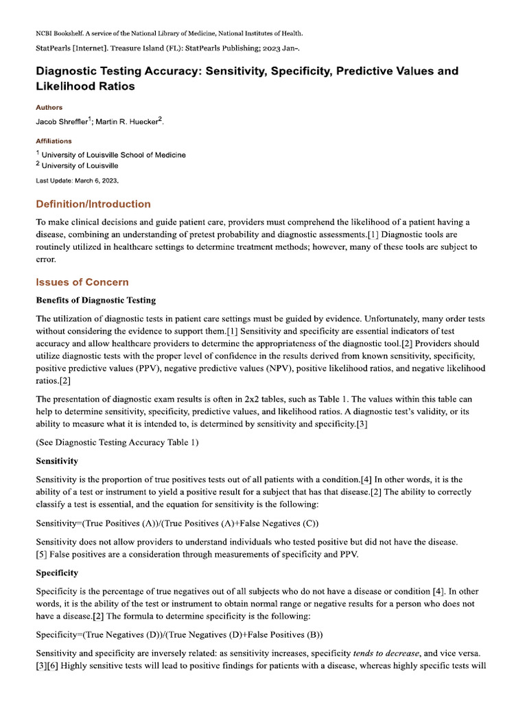 Diagnostic Testing Accuracy-Sensitivity Specificity PPV LR | PDF