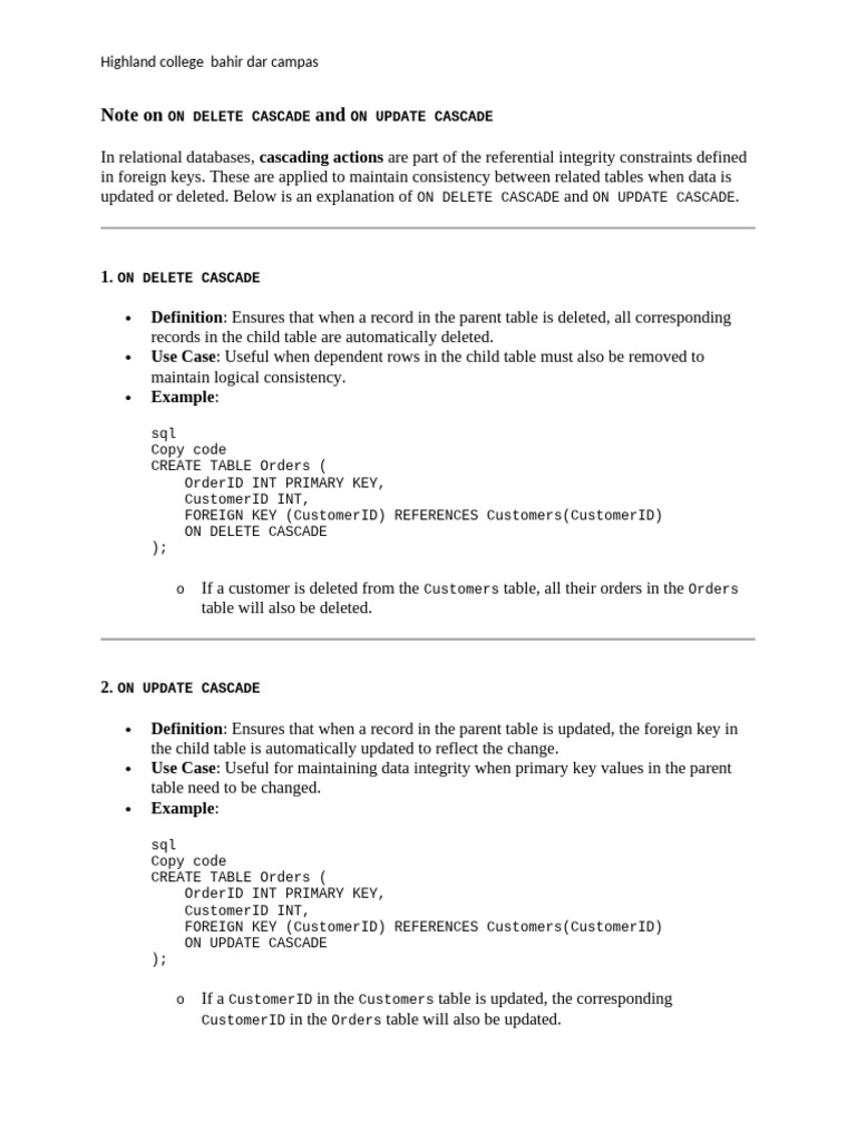 Delete Cascade Pdf Data Management Sql