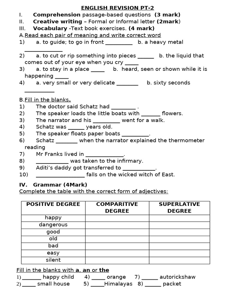 English Revision Exercises and Questions | PDF
