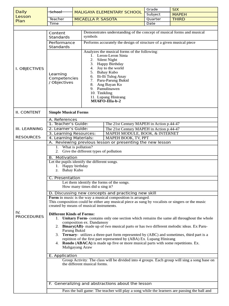 DailyLessonPlan in MAPEH 6 Quarter 3 | PDF | Musical Forms | Learning