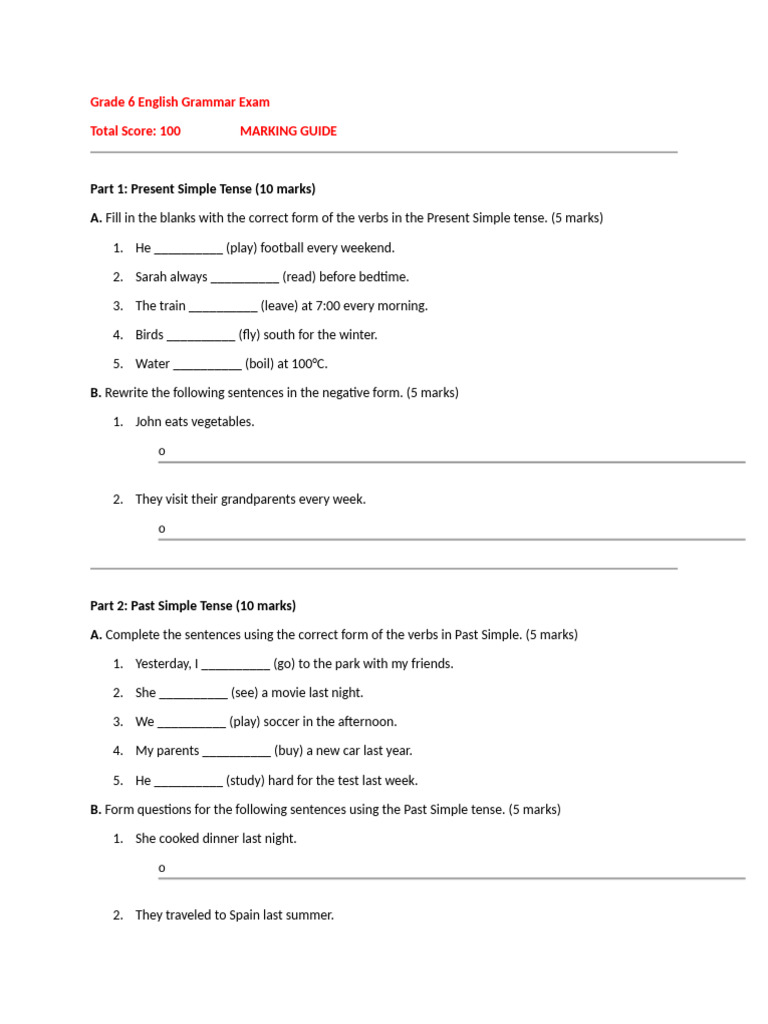 Grade 6 English Grammar Exam Guide | PDF | Perfect (Grammar ...