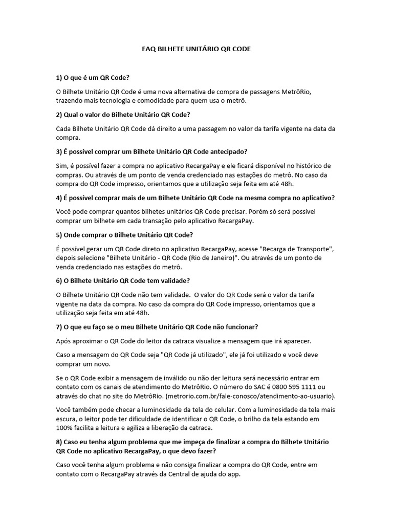 Faq Bilhete Unitario QR Code | PDF | Código QR