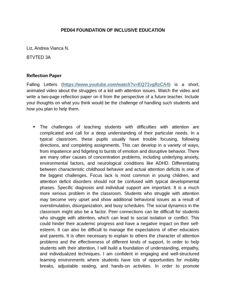 PED04 Reflection Paper On Falling Letters - Andrea Liz | PDF | Attention Deficit Hyperactivity ...
