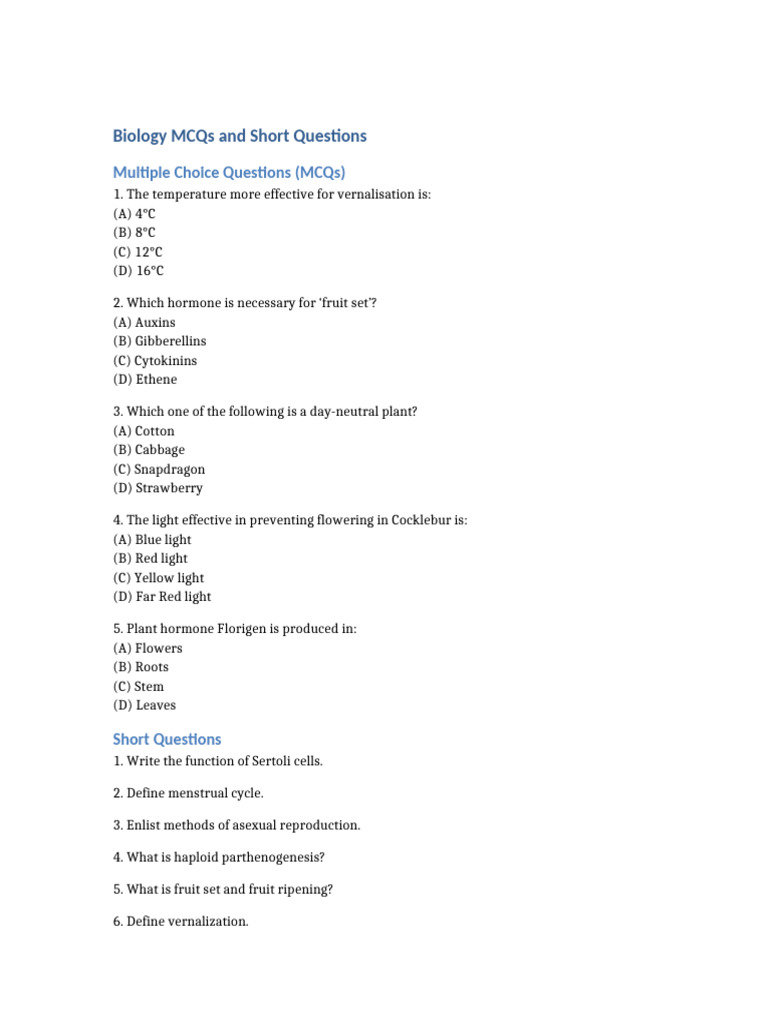 Biology MCQs and Short Questions | PDF