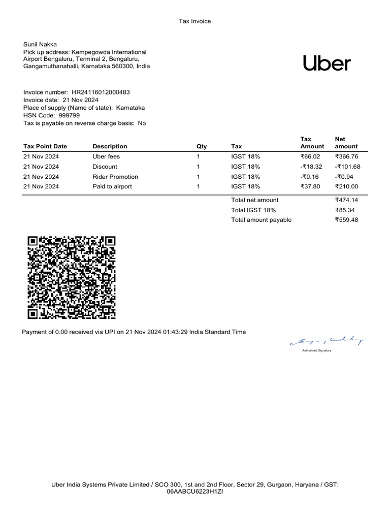 Uber India Tax Invoice Nov 2024 | PDF