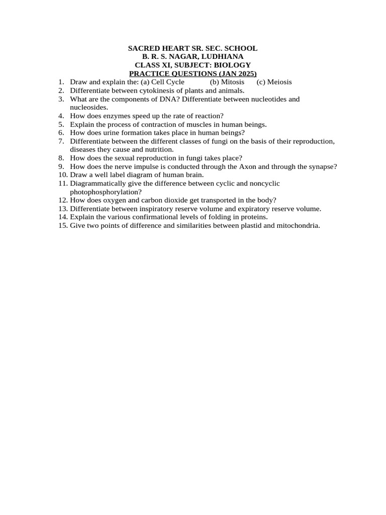 Practice Questions Bio Xi | PDF