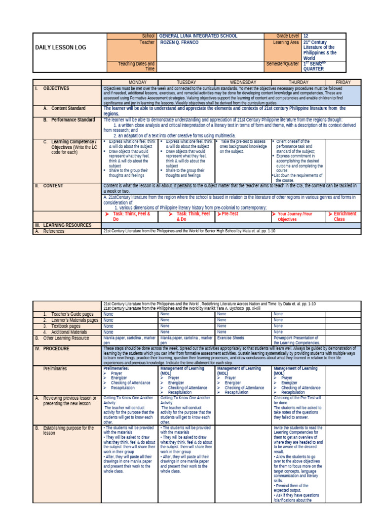 21st DAILY LESSON LOG 1st Week 2nd Quarter | PDF | Learning | Teachers