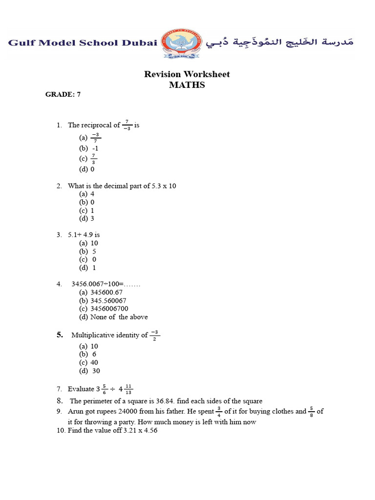Grade 7 Maths Revision Worksheet | PDF