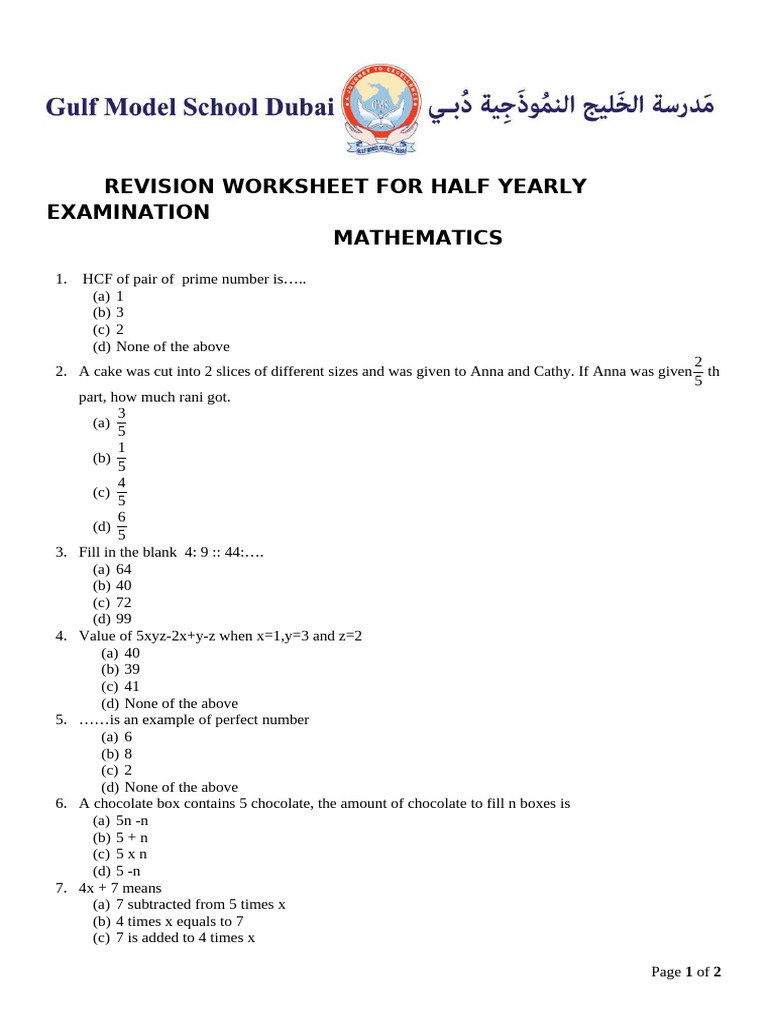 Maths Revision Worksheet Half Yearly Exam | PDF | Numbers | Elementary Mathematics