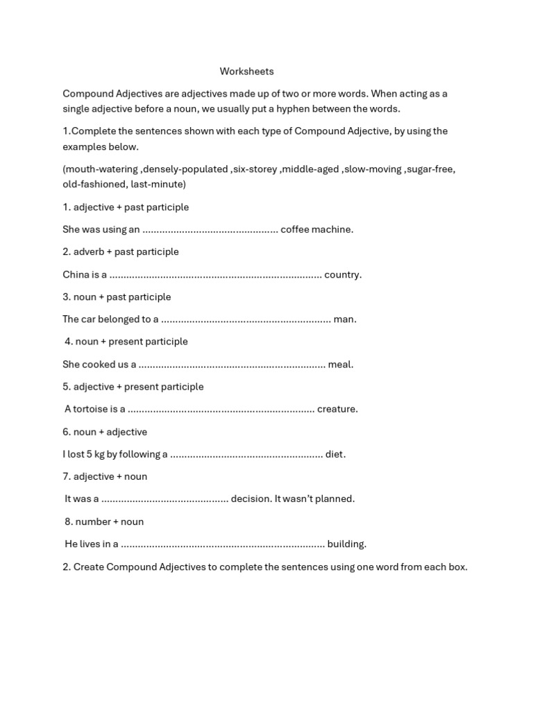 Compound Adjectives Worksheet 1 | PDF