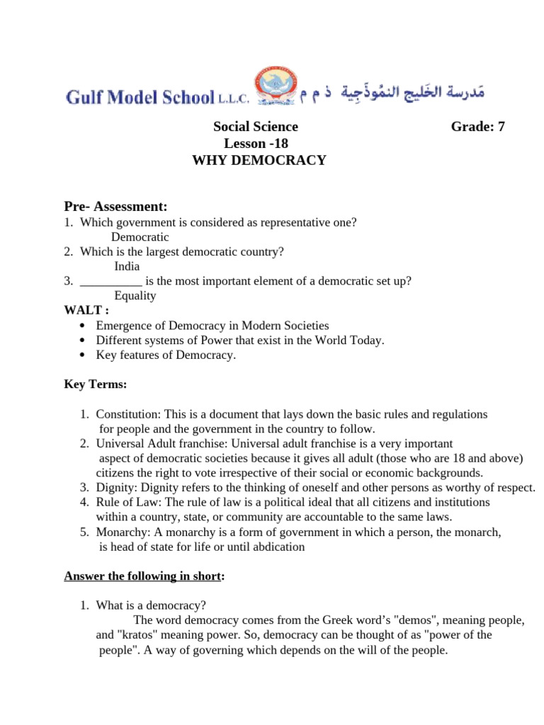 7th SST Lesson Notes Democracy | PDF | Democracy | Political Ideologies