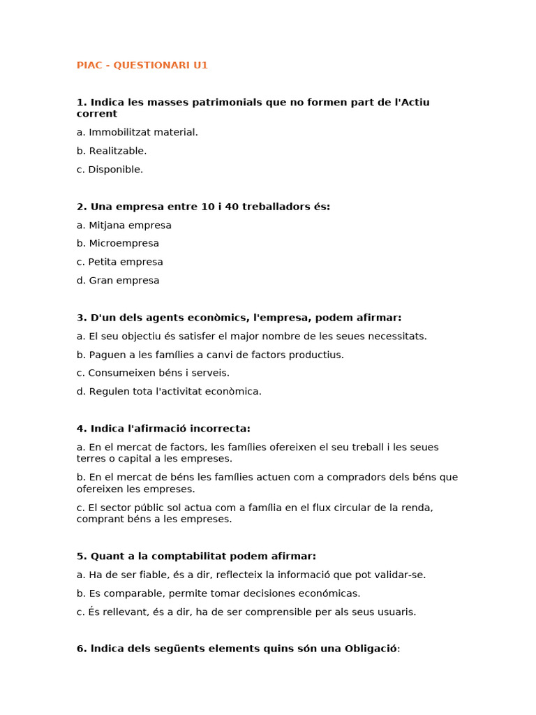 Piac Unitat 1 - Questionari | PDF