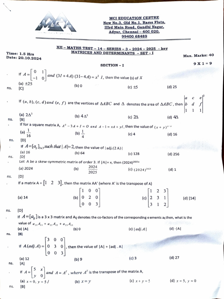 Maths Test Series - 3 - Set - I Key | PDF | Matrix (Mathematics ...