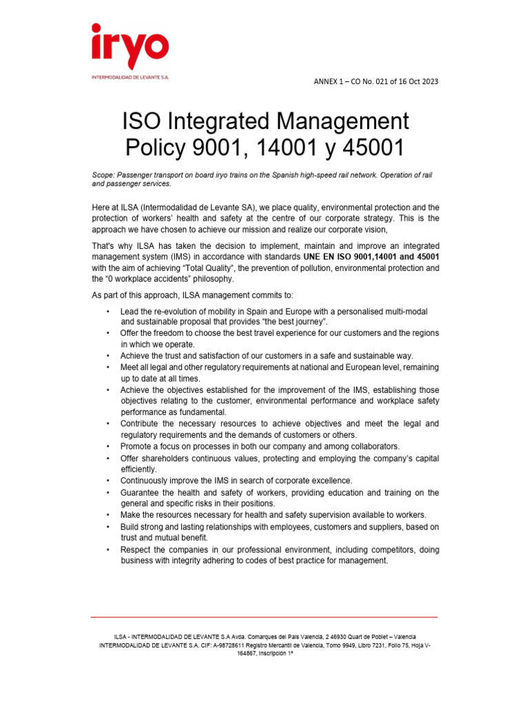 Iso Integrated Management Policy 9001 14001 y 45001 en | PDF ...