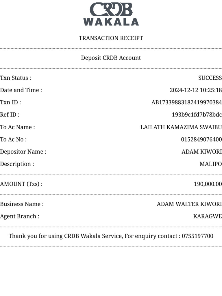 CRDB Deposit Receipt for Adam Kiwori | PDF