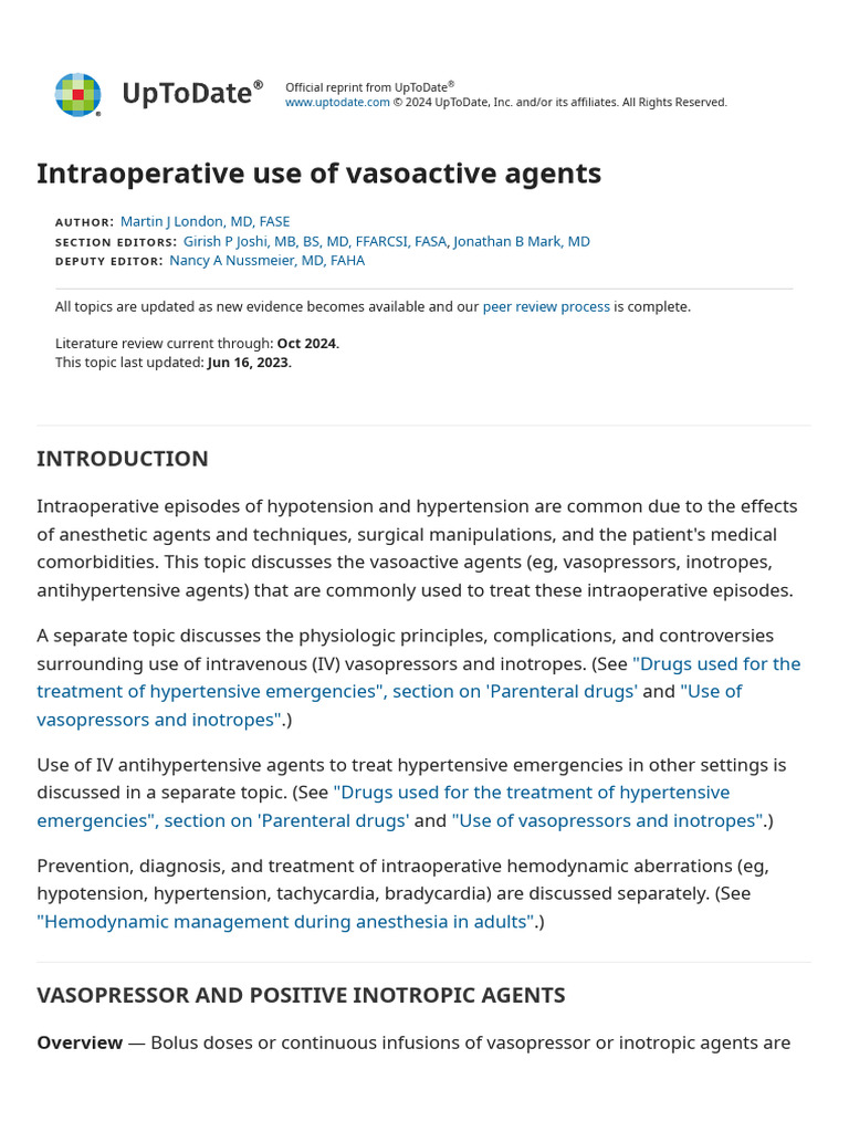 Intraoperative Use of Vasoactive Agents - UpToDate | PDF | Intravenous ...