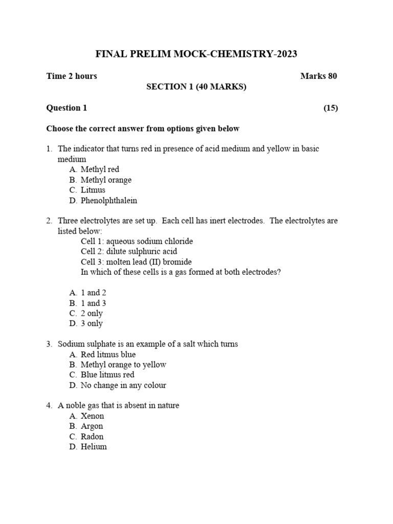 Final-Prelims mock-Chemistry-Q | PDF | Acid | Chemical Reactions
