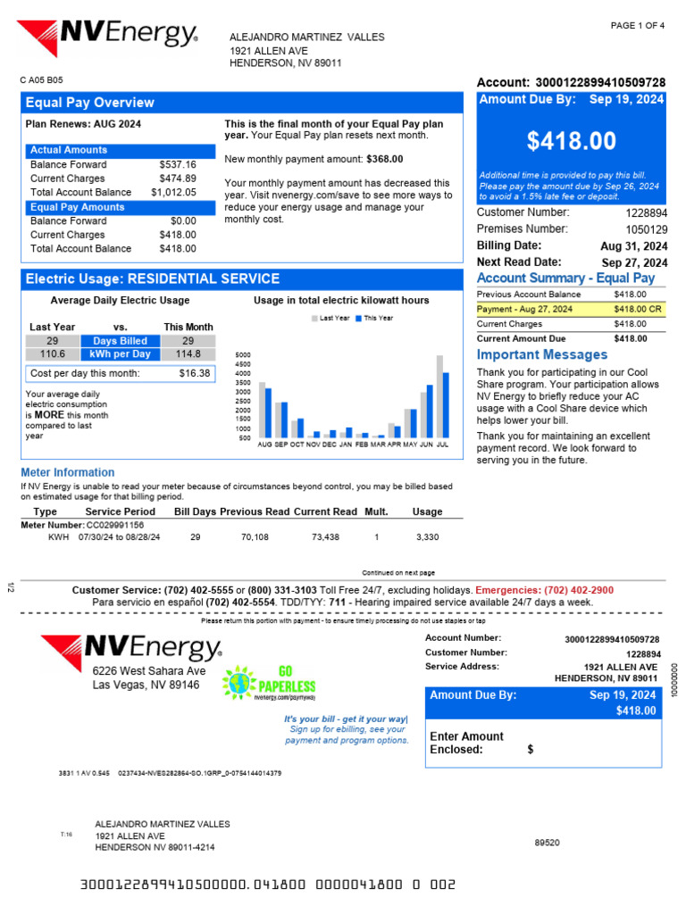NV Energy Bill Summary and Payment Details | PDF