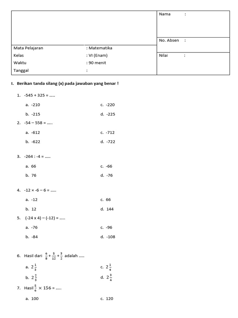 soal pas mtk kls 6 | PDF