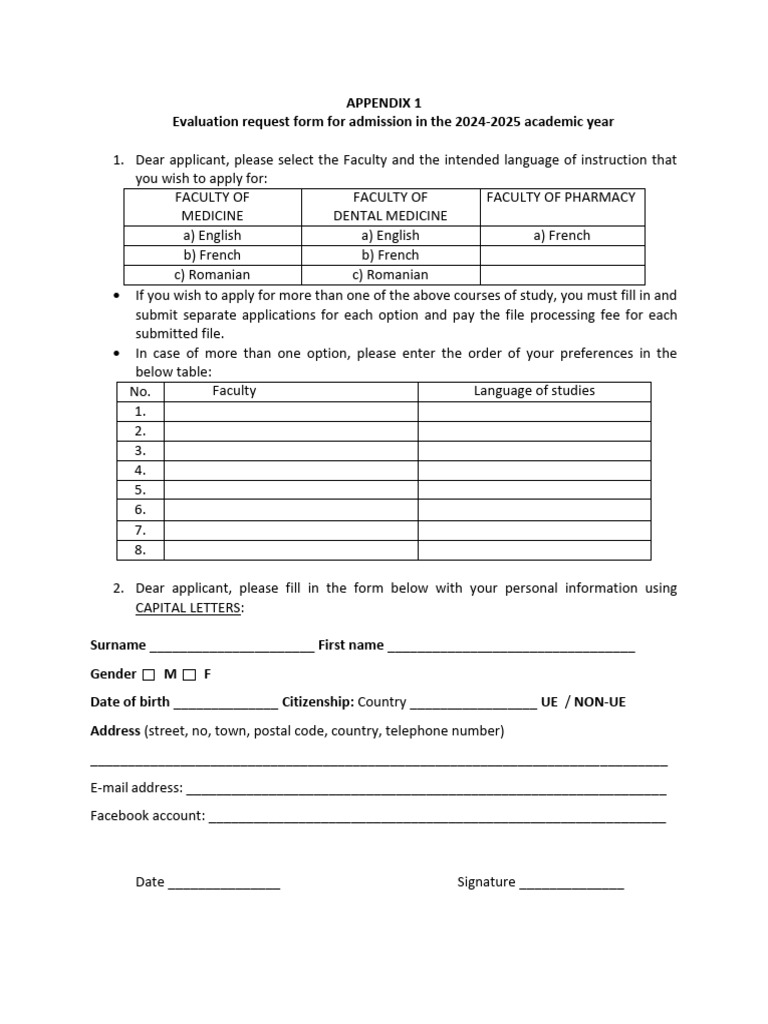 Appendix 1 EN Evaluation Request Form For Admission in The 2024 2025 | PDF