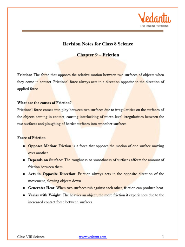 CBSE Science Chapter 9 Friction Class 8 Notes FREE PDF | PDF | Friction ...