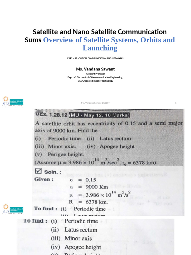 Lecture 1 Sums Overview of Satellite Systems, Orbits and Launching | PDF